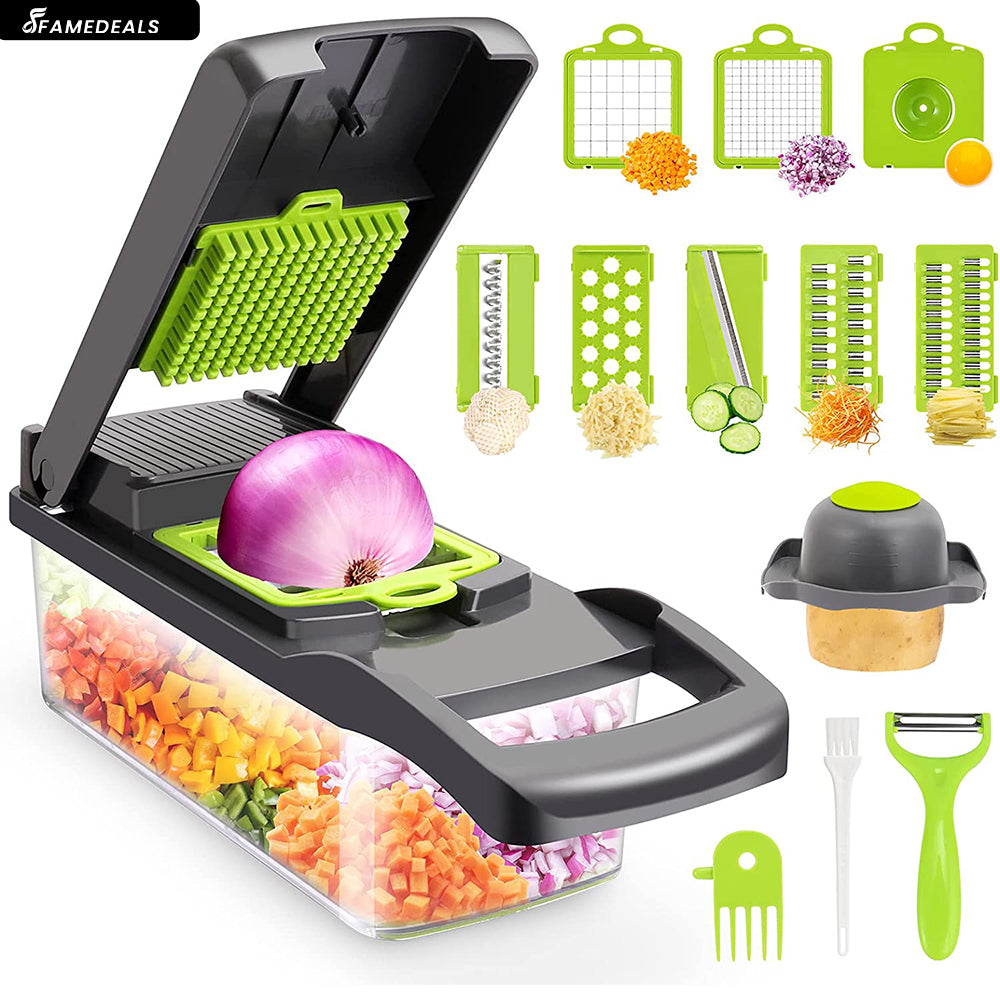 Famedeals.pk ™ - 12 in 1 Pro Vegetable Chopper, Onion Dicer with Conta